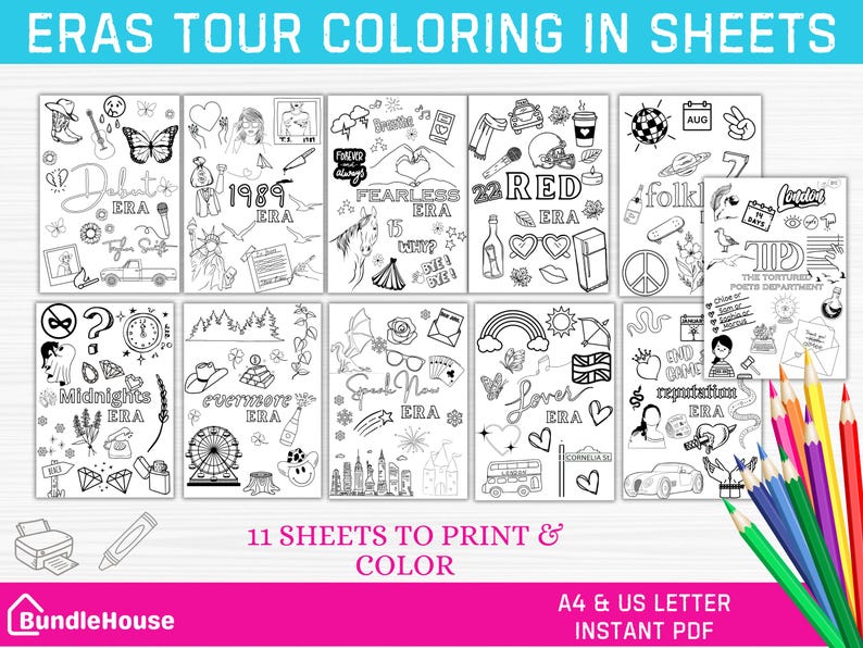 Eras Tour 11 Page Color Sheets Color Pages, Instant PDF Download swifty ...