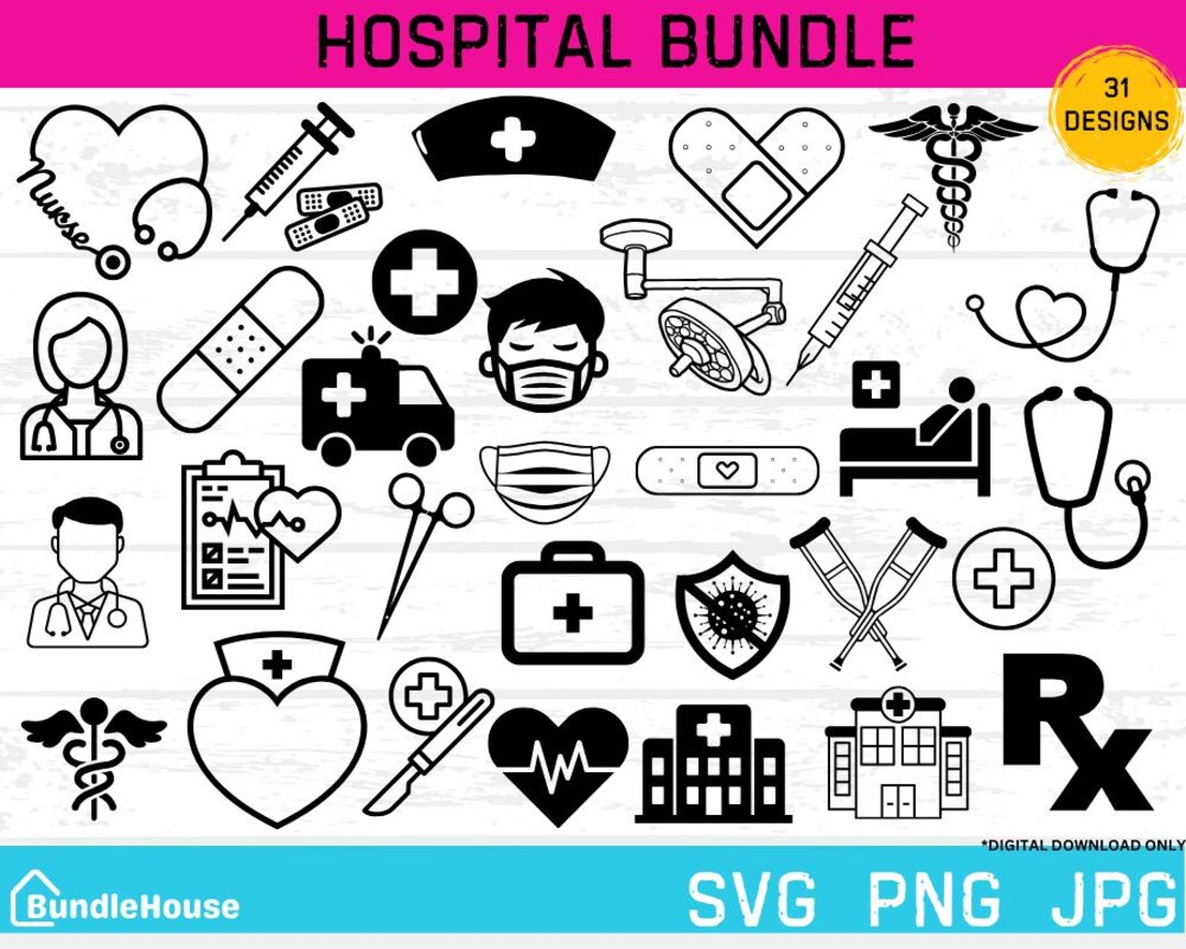 Hospital Elements Bundle, Health Theme Svgs, Nurse Vectors, Hospital ...