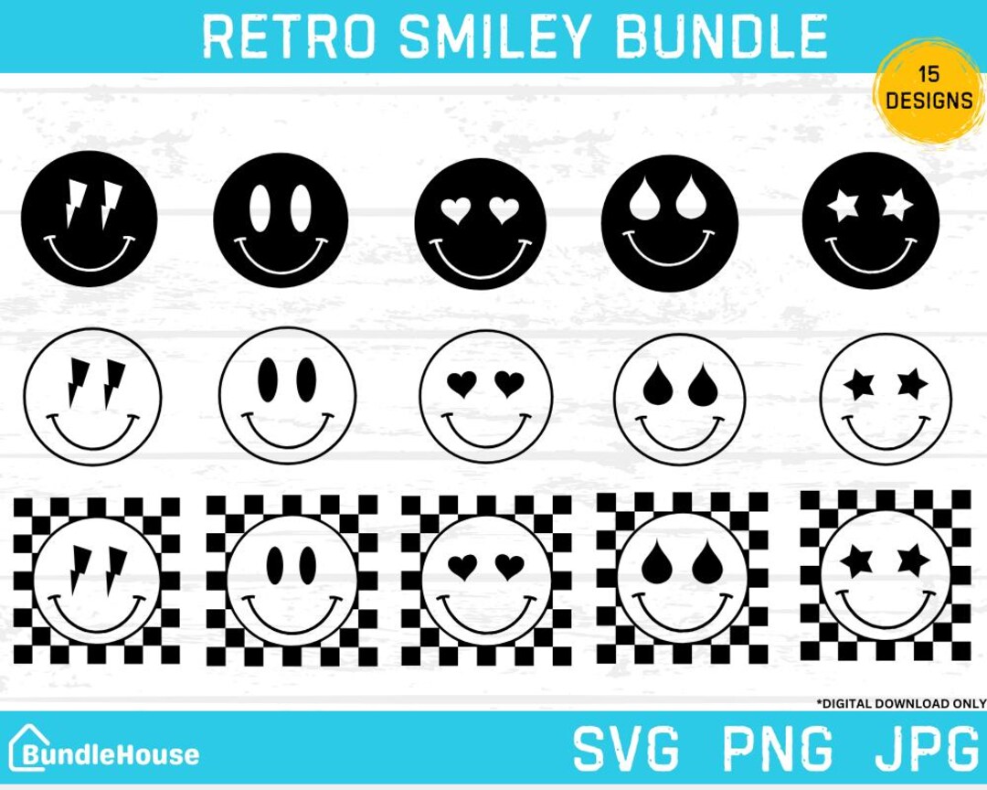Retro Smiley Bundle of Svgs, Pngs, Jpgs, Checkered Smiley Face Svgs ...