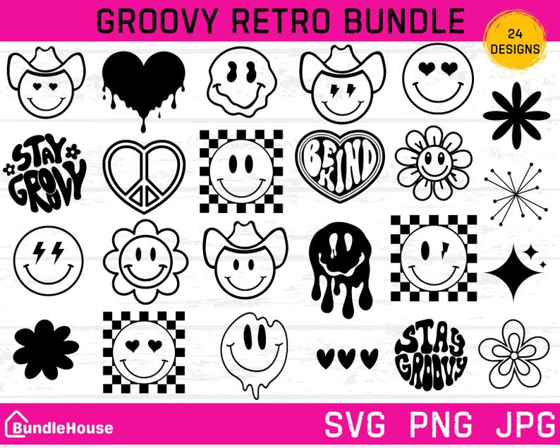 Groovy Retro Smiley Bundle of Svgs, Pngs, Jpgs, Groovy Svgs, Smiley ...