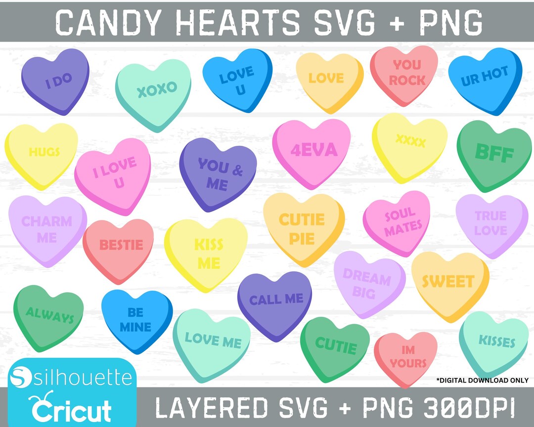 Candy Hearts PNG Clipart & Layered SVG, Candy Hearts Cut Files, Lolly ...