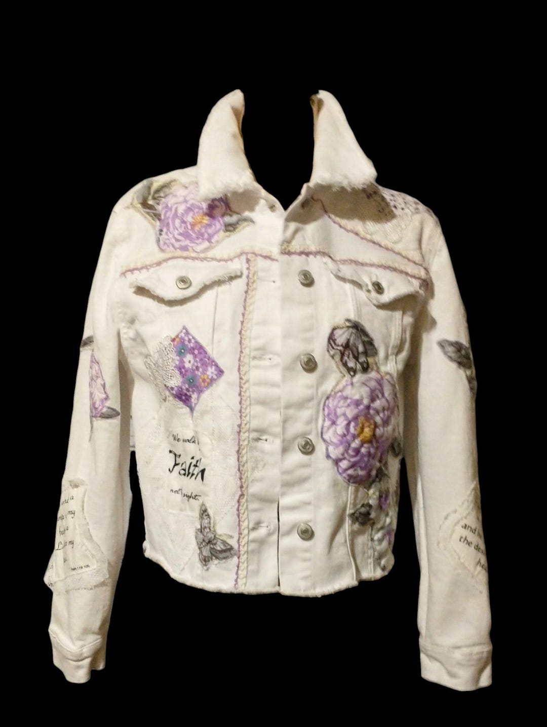 Redneck Princess, Boho, Upcycled White Denim Jacket, Purple Accent ...