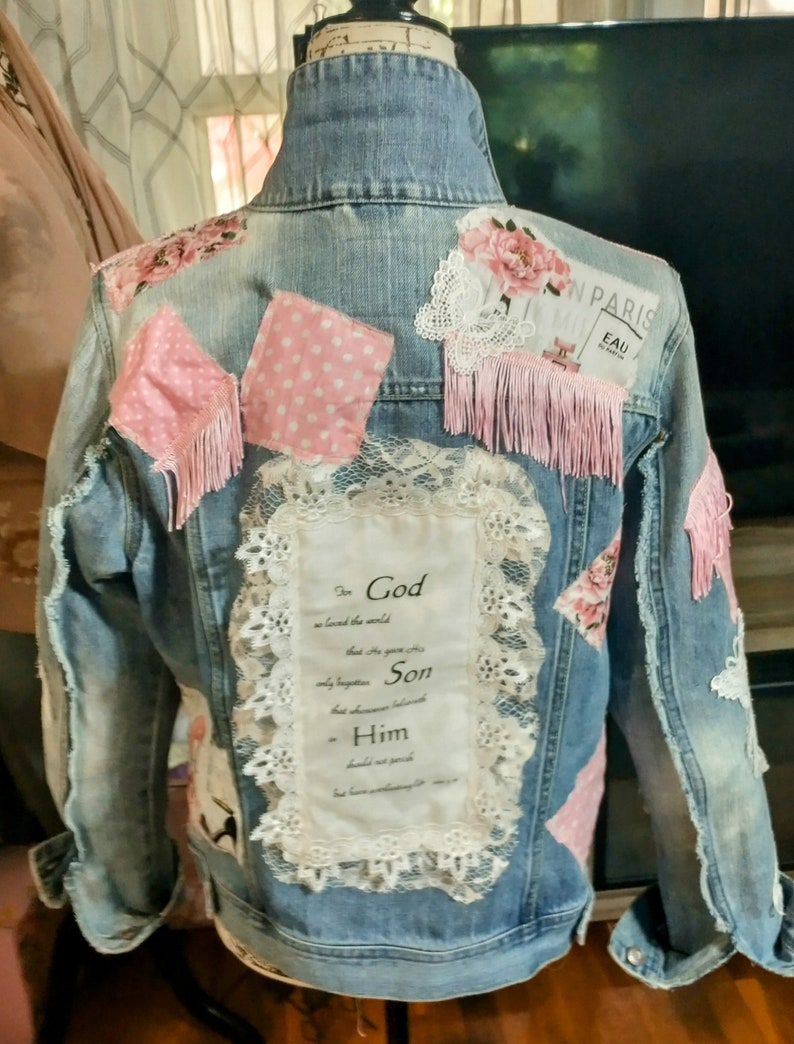 Boho Bible Scripture Denim Jacket Patchwork Shabby Chic Artwork ...