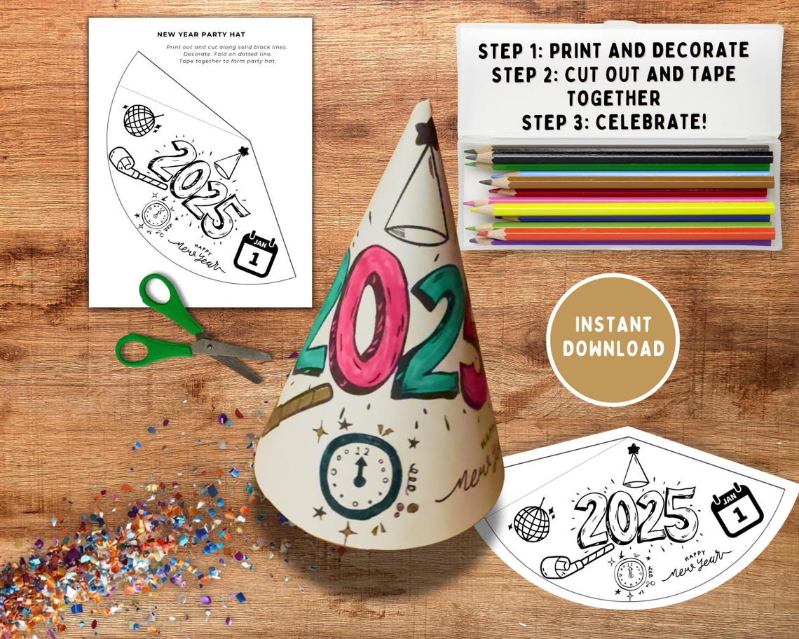 Printable Happy New Year Hat | 2025 Kids Activities | NYE Paper Party ...