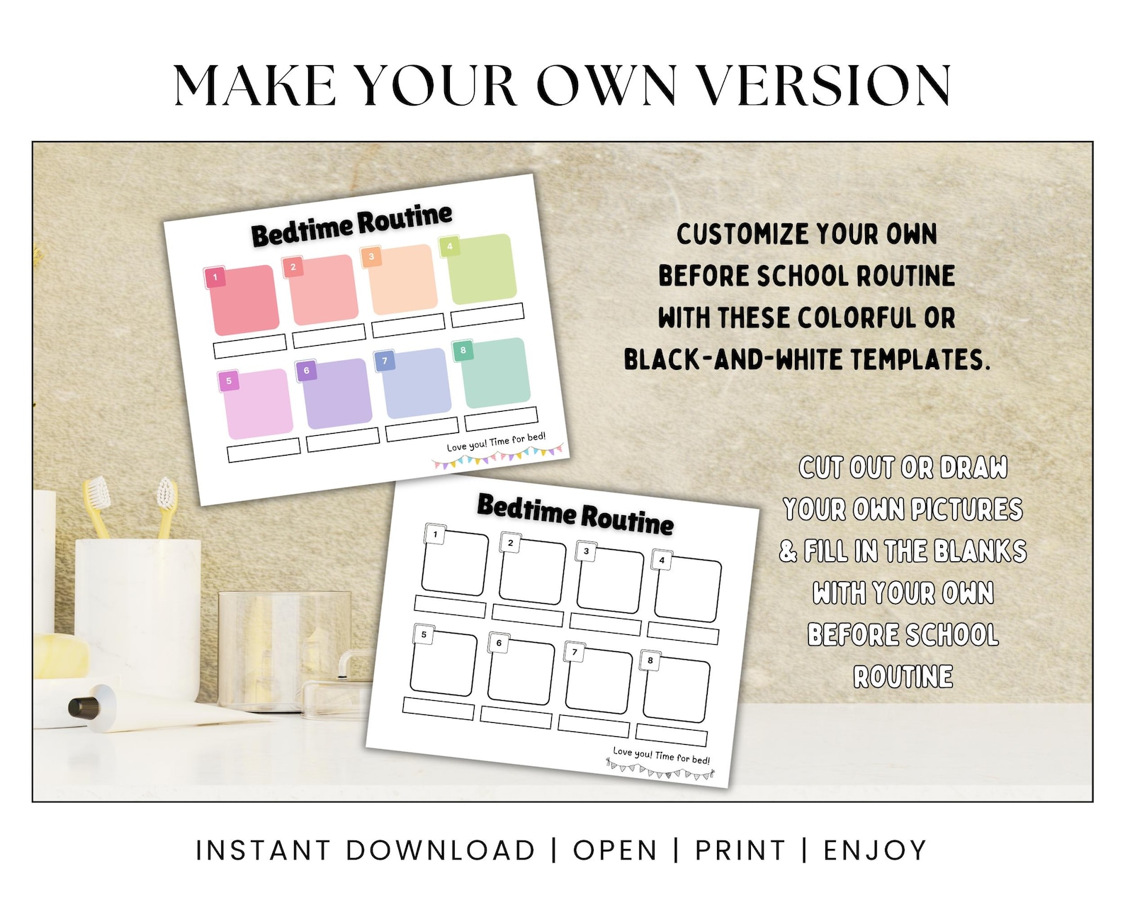 Bedtime Routine Chart Printable | Bedtime Checklist Visual Guide ...