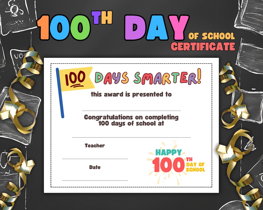 100th Day of School Certificate | 100 Days of School Printable 100 Days ...