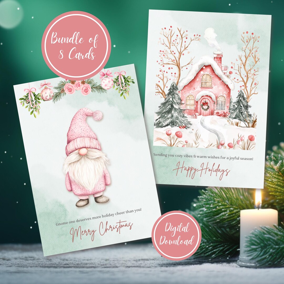 Pink Christmas Cards, 8 Watercolor Holiday Cards, Unique Card Designs ...