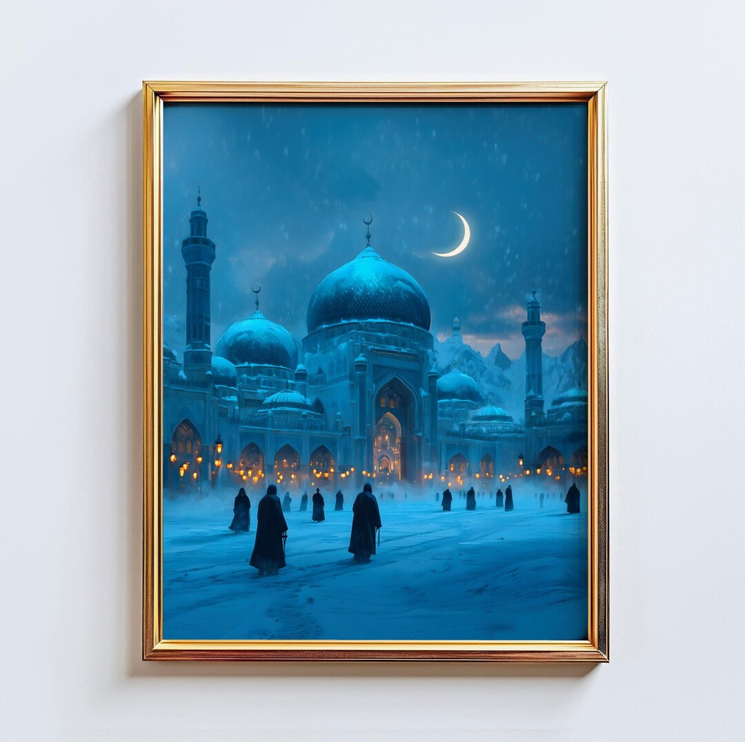 Islamic Mosque Winter Wall Art - Snowy Crescent Moon Masjid Print ...