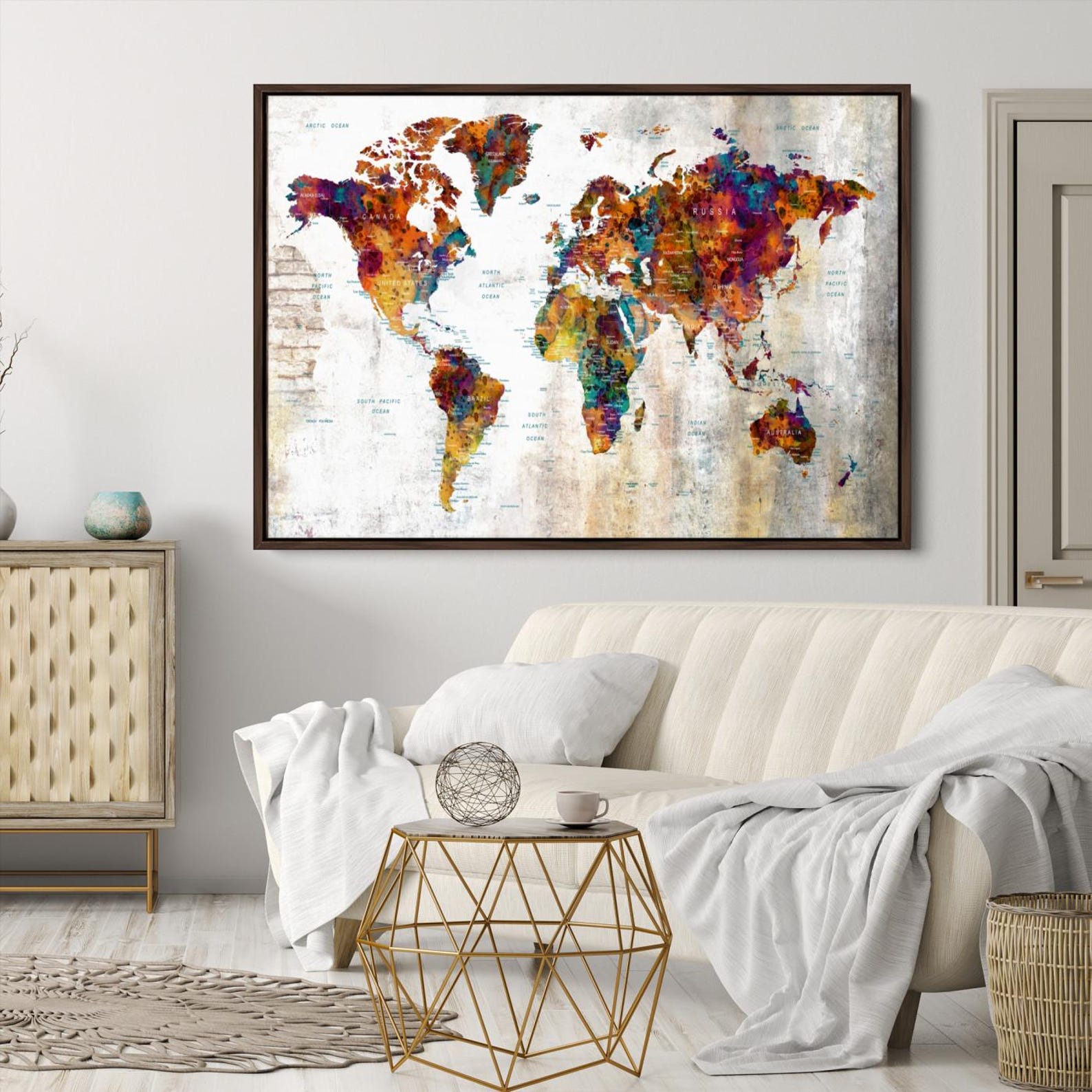 Colorful World Map Wall Art Canvas Print, Framed Watercolor Earth Art ...