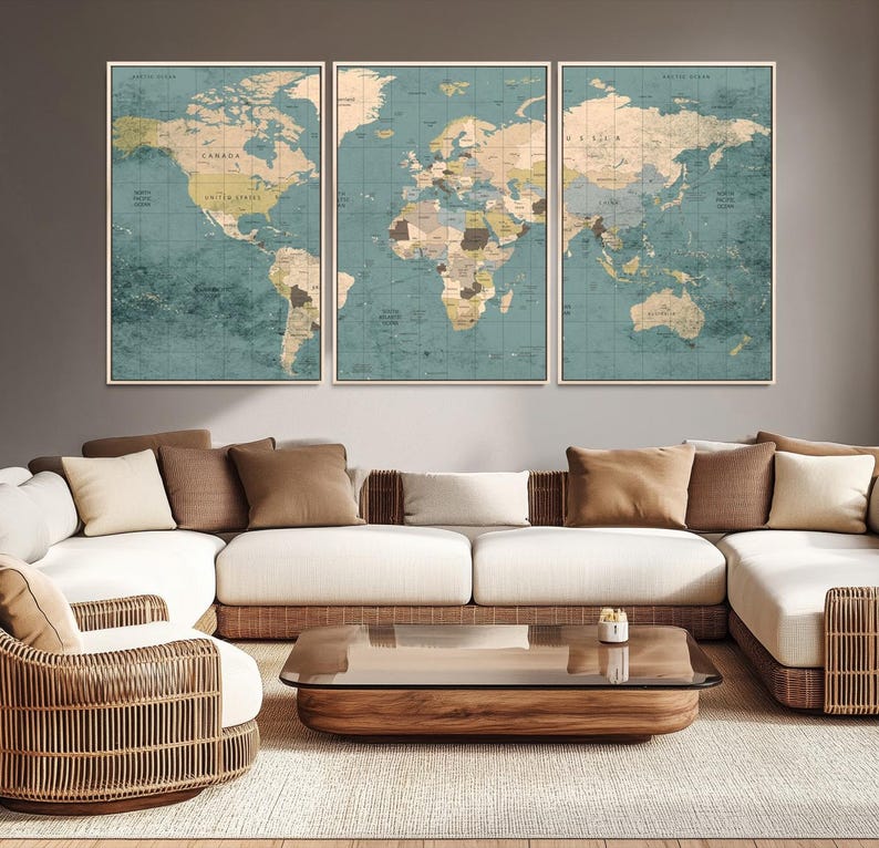 Classic World Map Wall Art Canvas Print, Framed Retro Map Art Picture ...