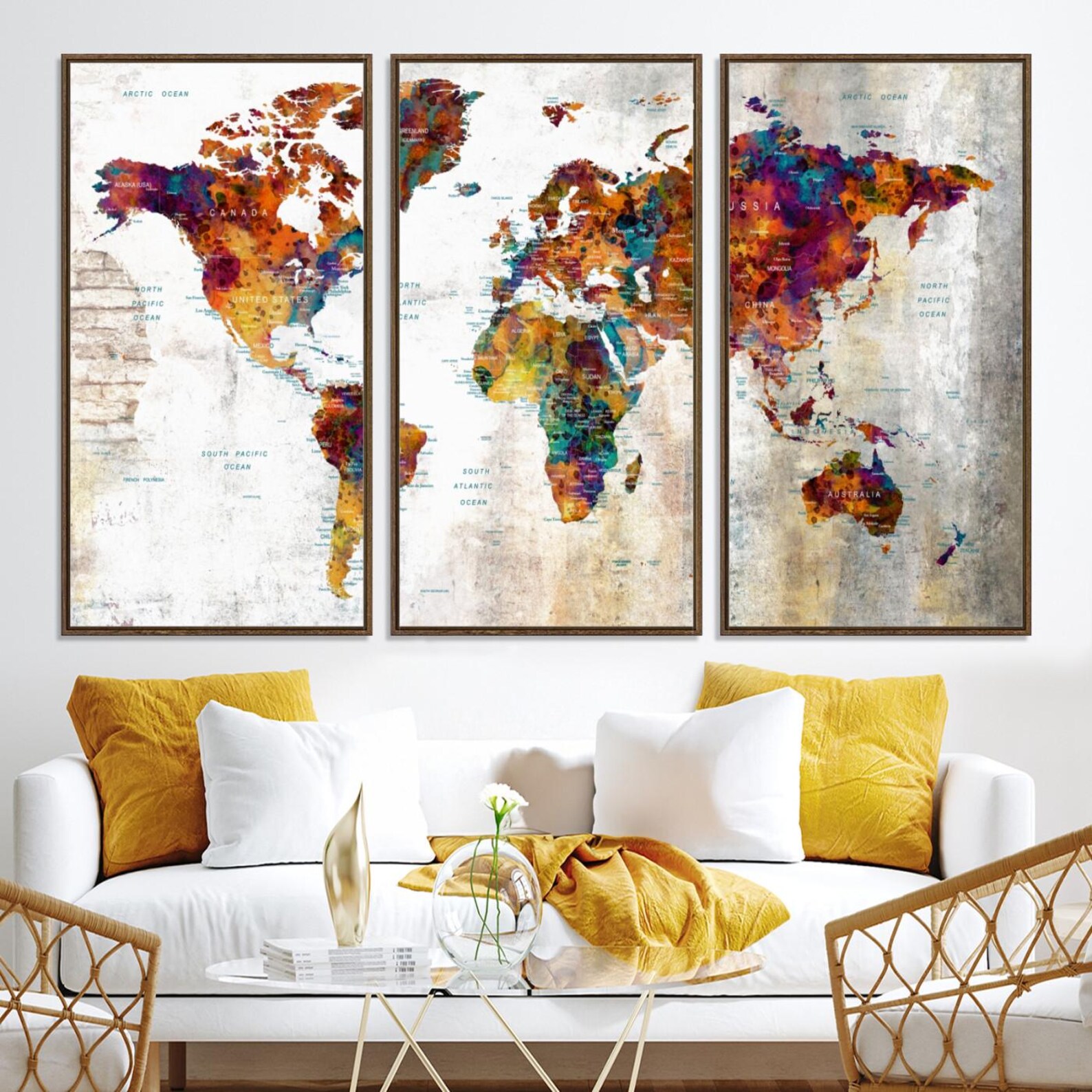 Colorful World Map Wall Art Canvas Print, Framed Watercolor Earth Art ...