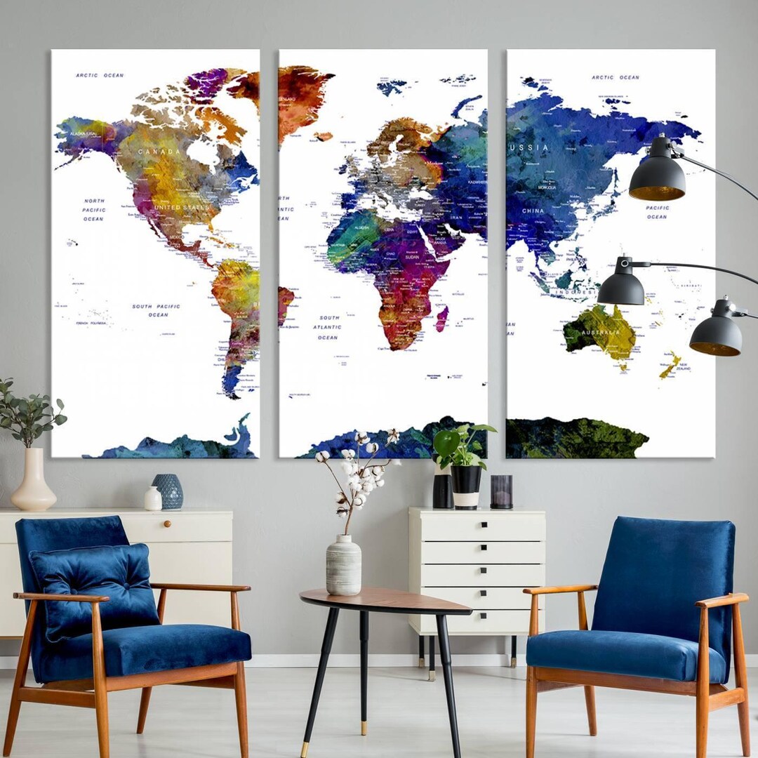Colorful World Map Canvas Print, Framed Wall Art for Living Room, Ready ...