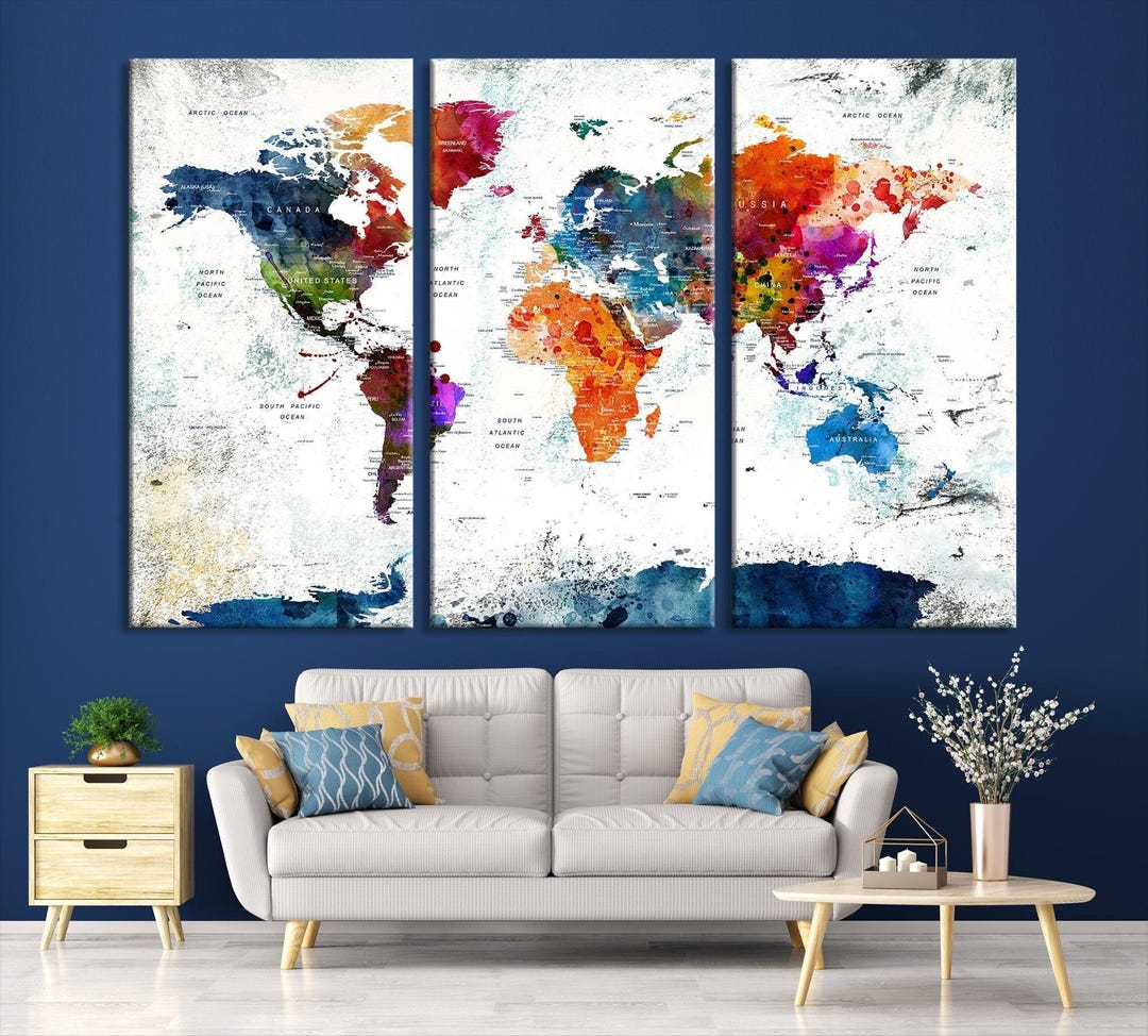World Map Wall Art, World Map Push Pin, World Map Canvas, Set of 3, Pin ...