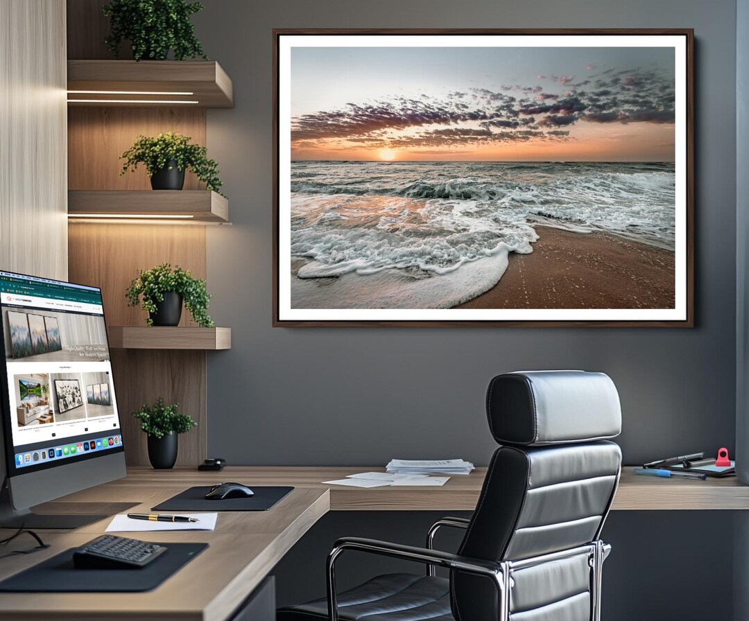 Ocean Sunset Wall Art Canvas Print, Beach Waves Canvas Wall Art, Framed ...