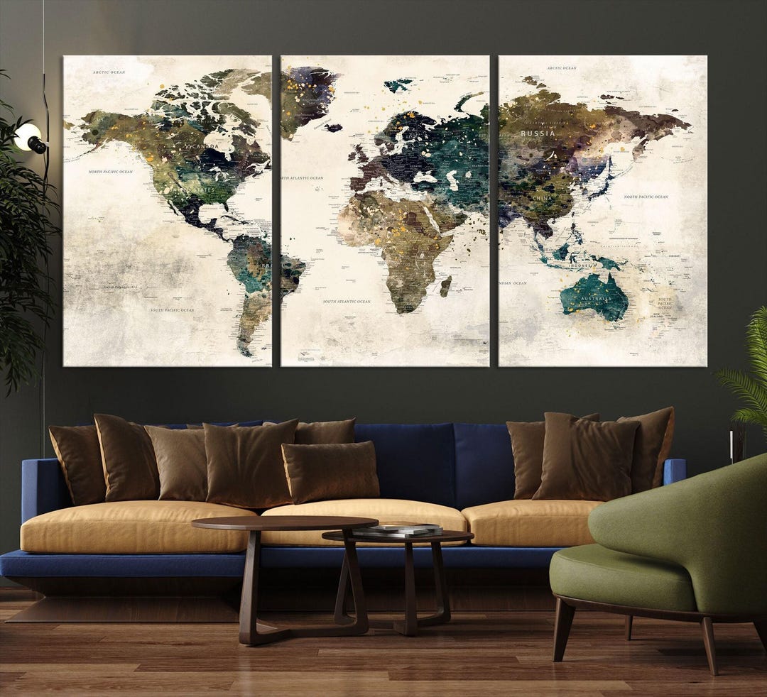 Hand-framed Vintage World Map CANVAS Wall Art Print, Large Travel Map ...