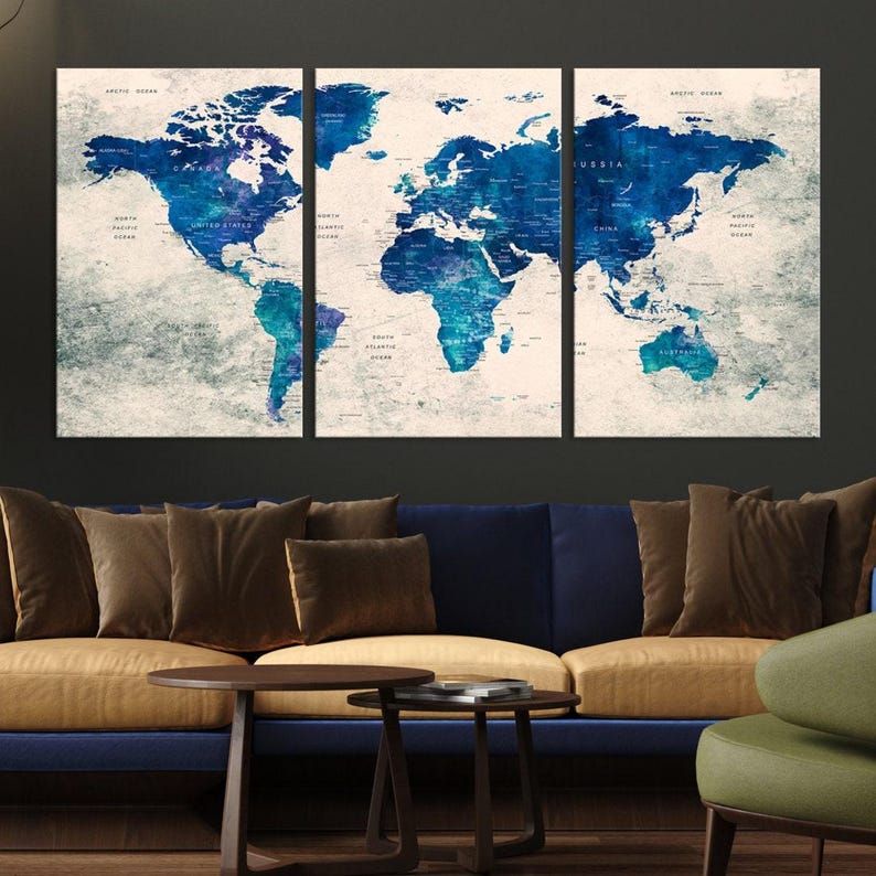 Watercolor Blue World Map Wall Art Canvas Print for Home and Office ...