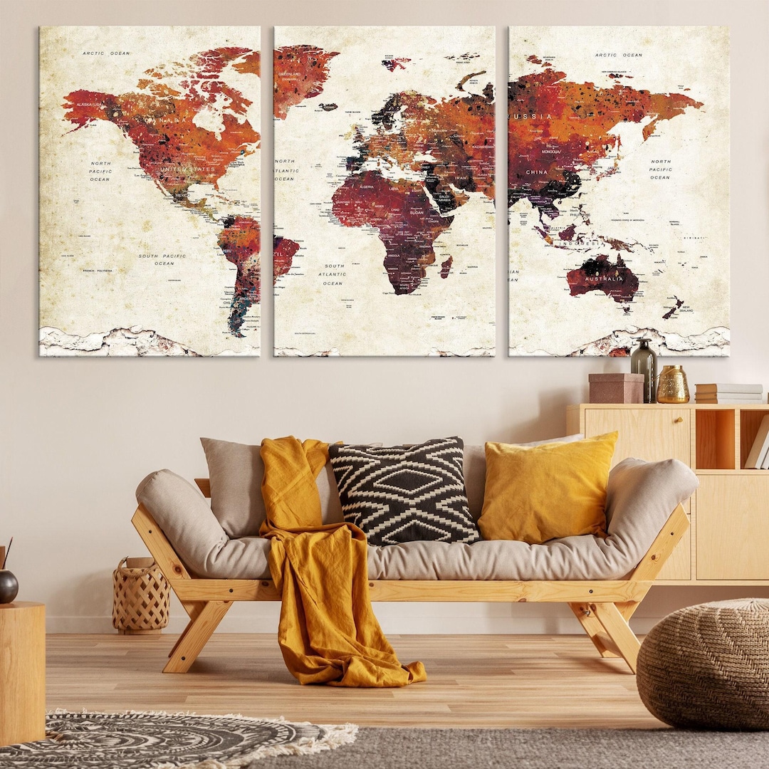 Extra Large World Map Wall Art, World Map Push Pin, Old Style Map of ...