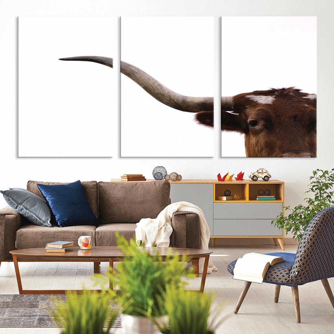 Longhorn Steer Canvas Print Modern Wall Art - Minimalist Framed Canvas ...