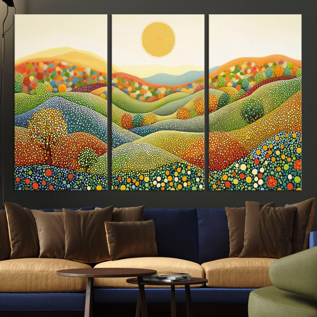 Yayoi Kusama Colorful Pointillism Dot Art, Landscape Canvas, Framed ...