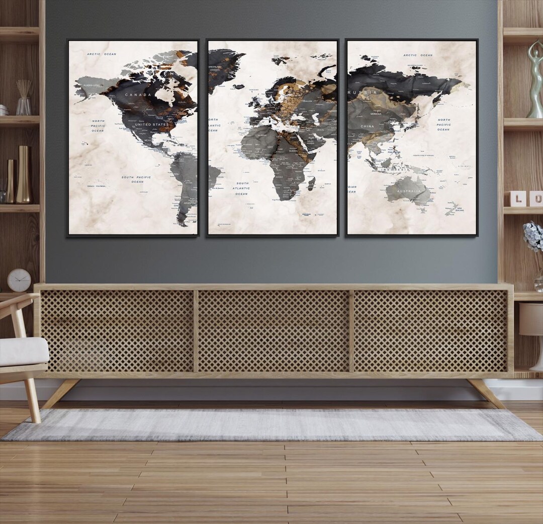 World Map Wall Art Canvas Print, Framed Rustic Map Art Picture Print ...