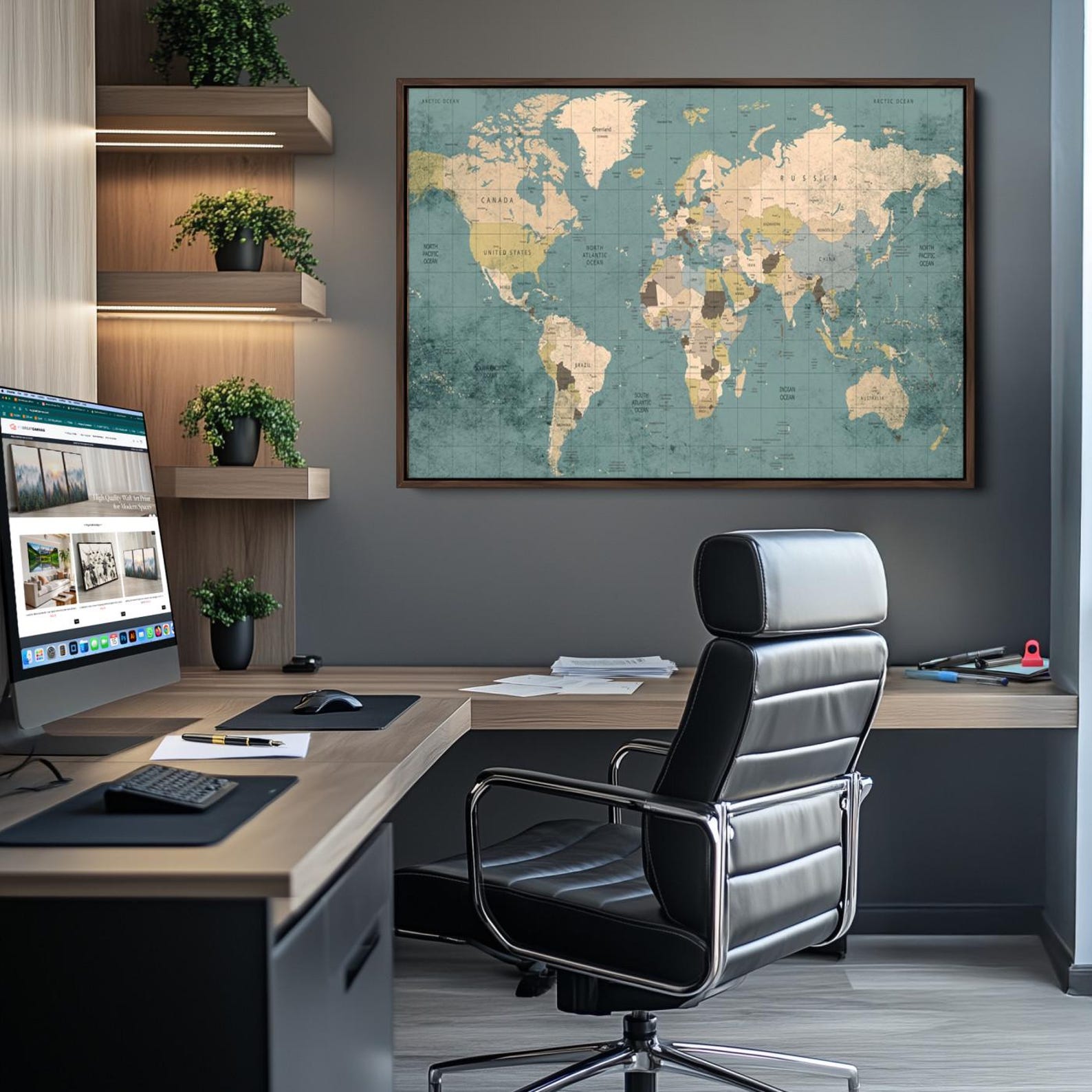 Classic World Map Wall Art Canvas Print, Framed Retro Map Art Picture ...