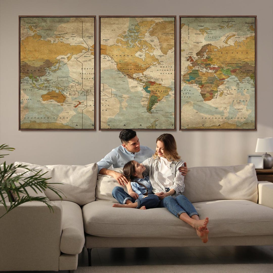 Vintage World Map Wall Art Canvas Print, Framed Antique Atlas Art ...