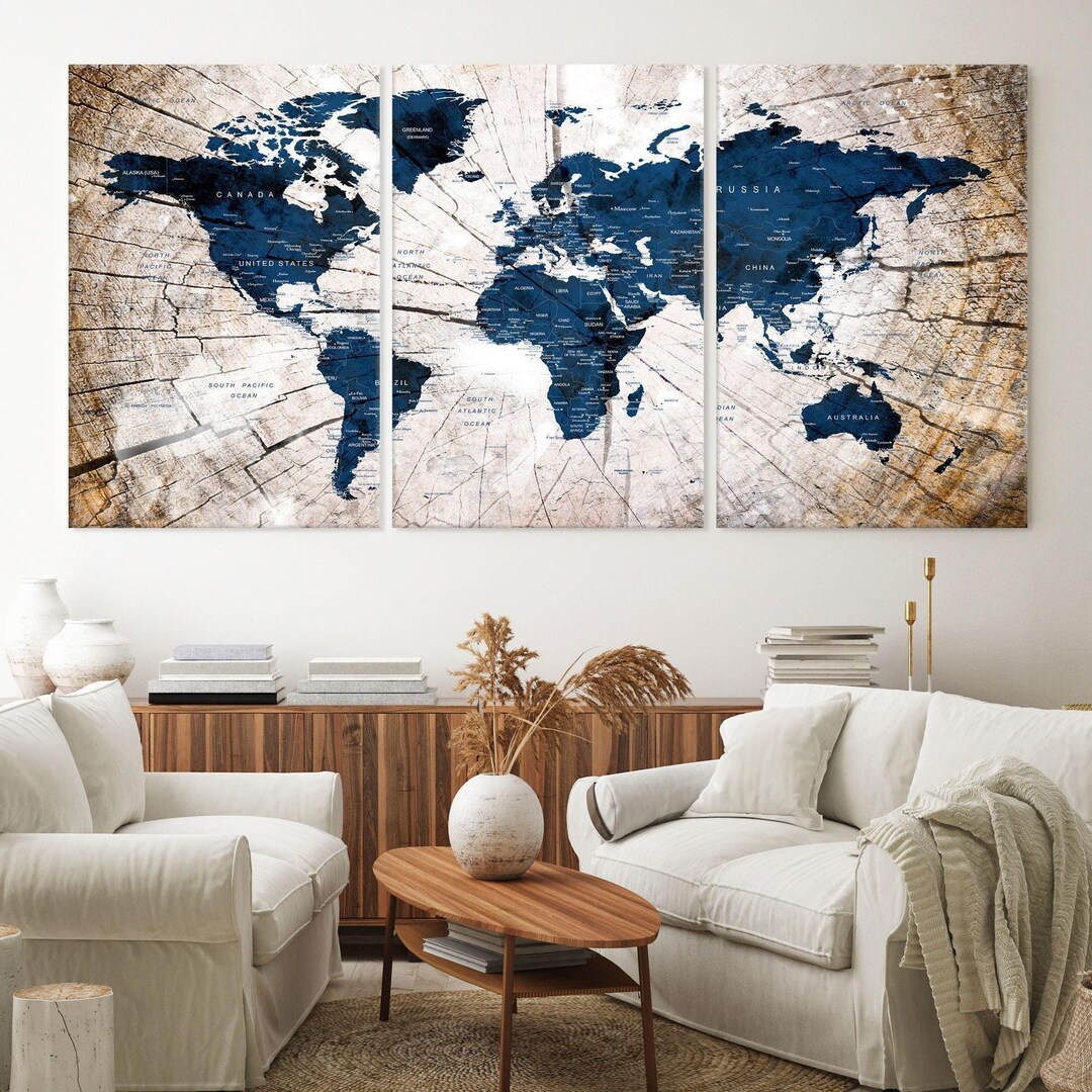 Blue World Map Wall Art Canvas Print With Tree Stump Texture Background ...