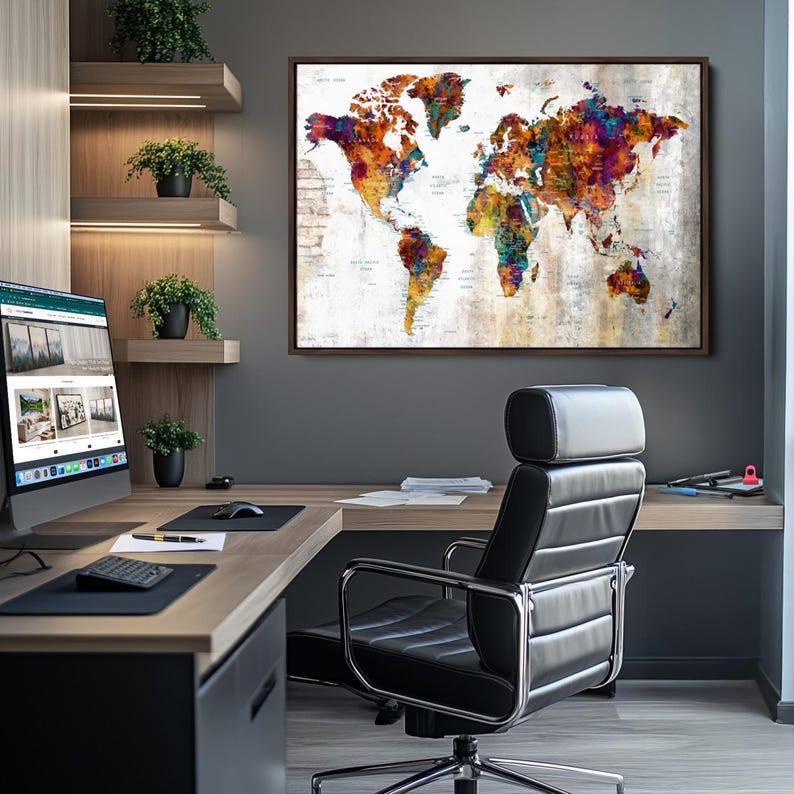 Colorful World Map Wall Art Canvas Print, Framed Watercolor Earth Art ...