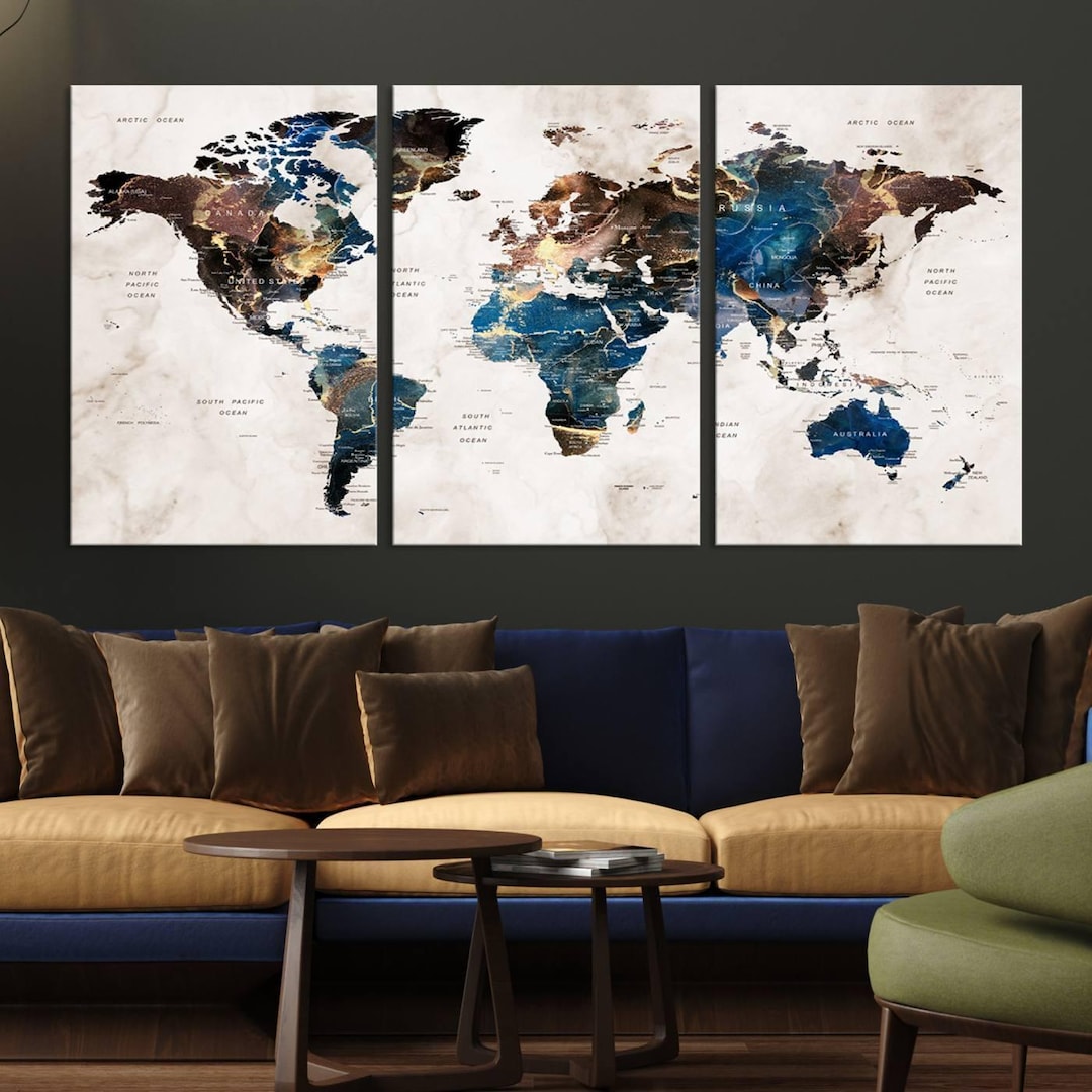 Abstract Marble World Map Triptych Canvas Wall Art, Framed and Ready to ...