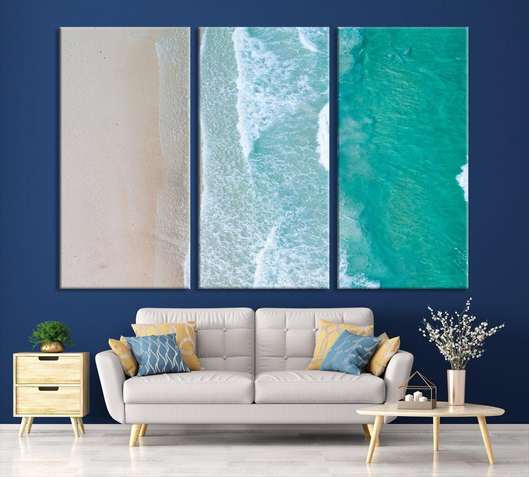 Beautiful Triptych Beach Artwork, Aerial View of Beach Canvas Set ...