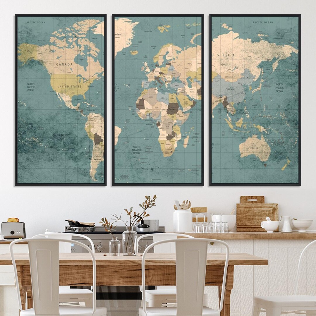 Classic World Map Wall Art Canvas Print, Framed Retro Map Art Picture ...