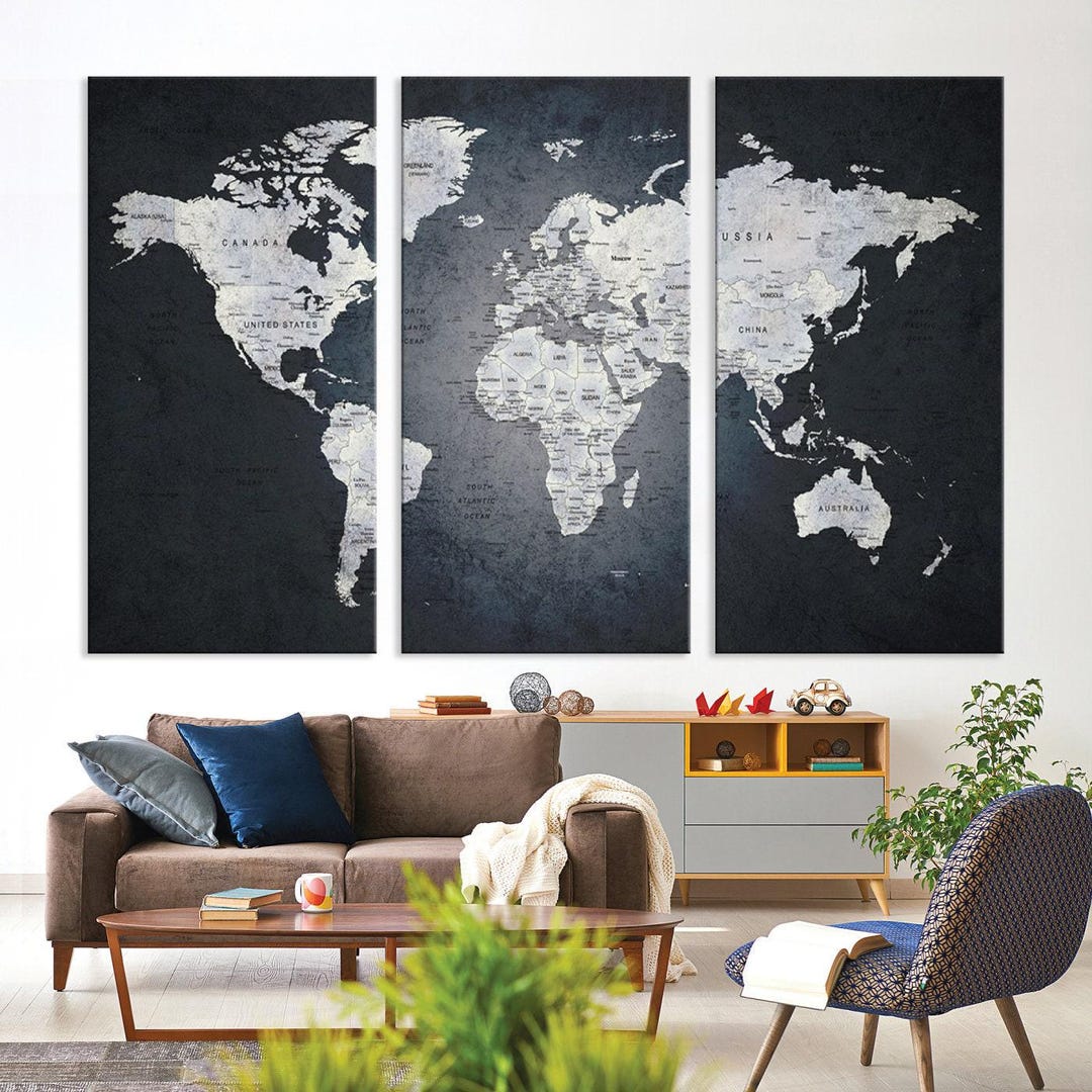 Multi Panel World Map Canvas, Framed World Map Print, Ready to Hang Map ...