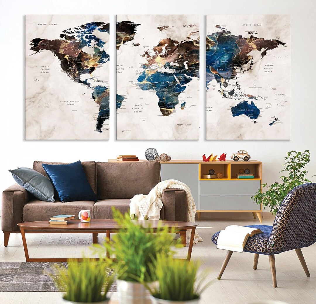 Antique World Map Wall Art, Modern World Map, Framed Push Pin Map ...