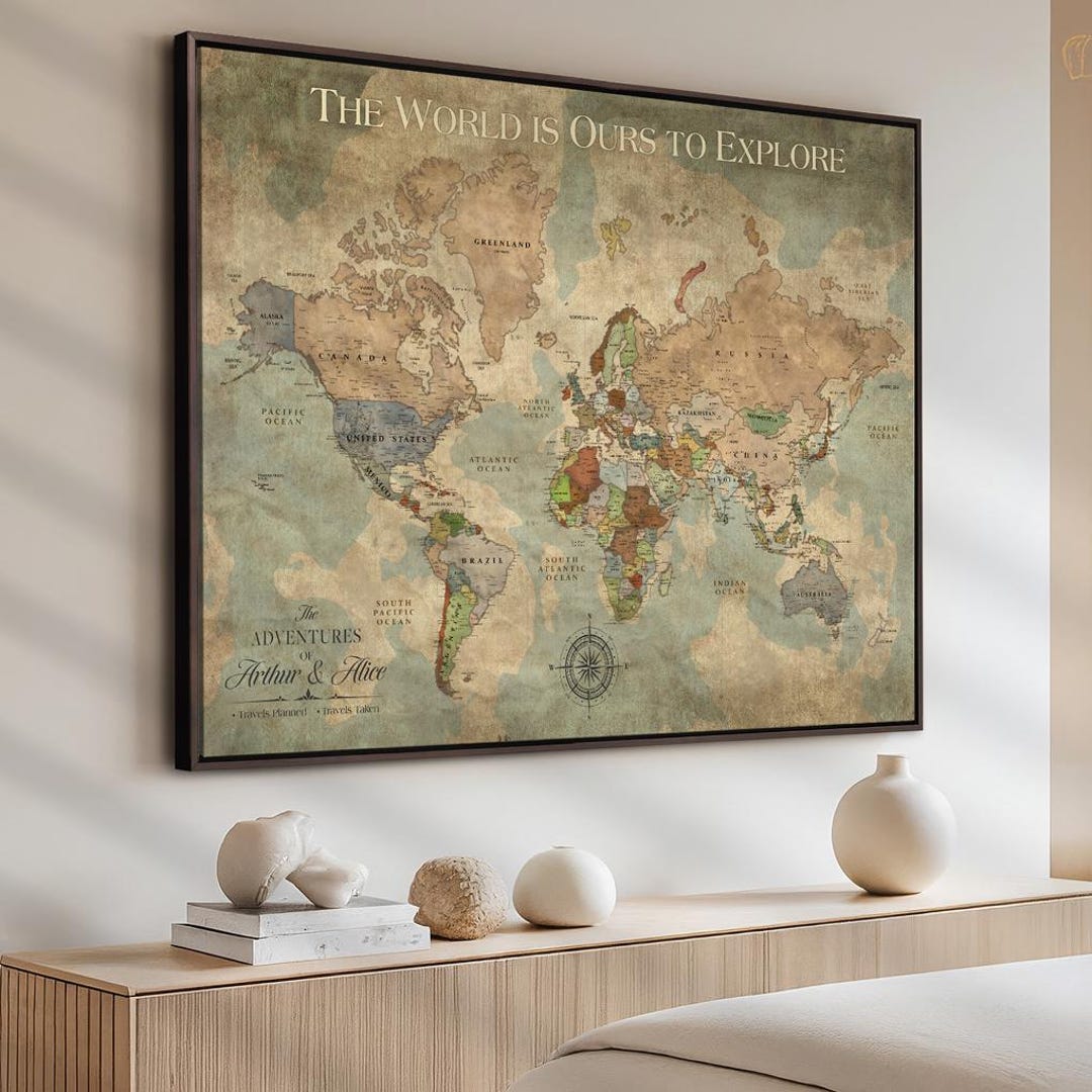 Framed Custom World Map Canvas Print - Personalized World Map Wall Art ...