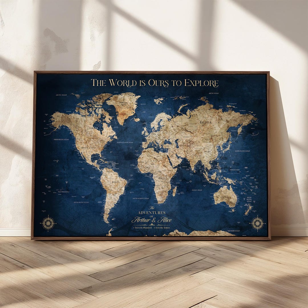 Framed Push Pin World Travel Map – Detailed Canvas Wall Art to Track ...