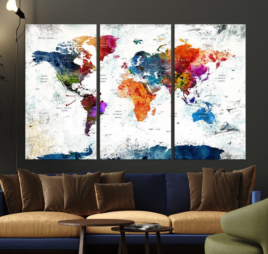 Colorful World Map, Vibrant World Map, Framed Canvas Print, Large World ...