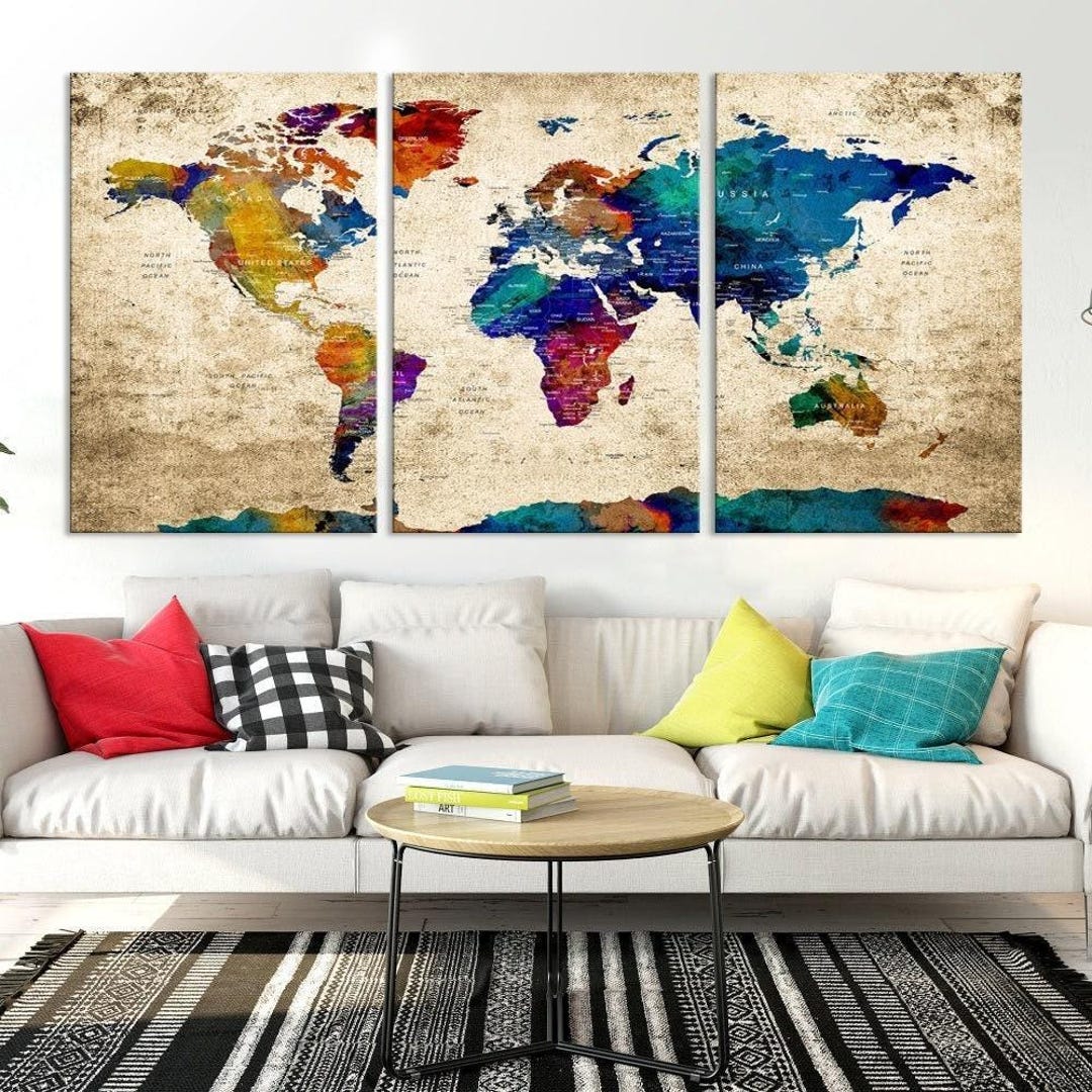 Large Push Pin World Map Canvas Print, Colorful Detailed World Map ...