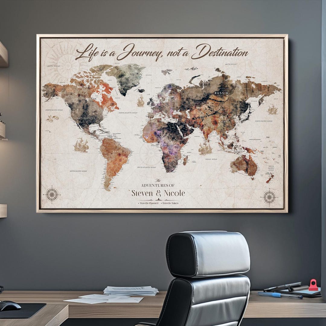 Customizable World Travel Map With Pins – Framed Canvas Art to Track ...