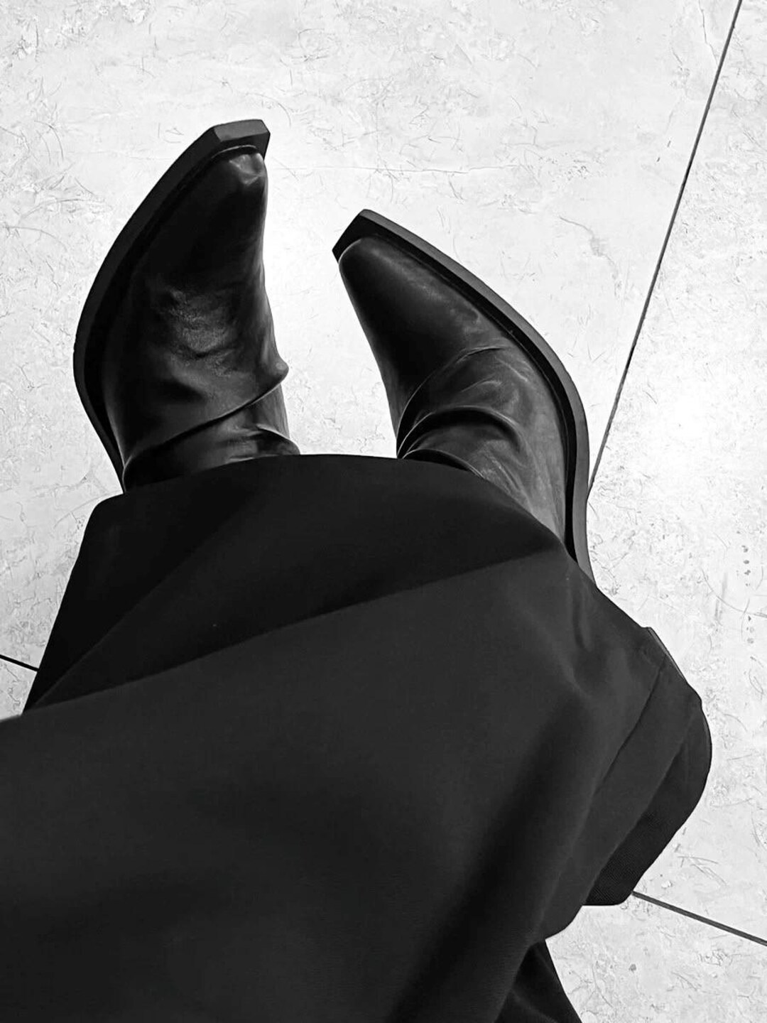 Handmade Black Leather Ankle Boots, Minimalist Wrinkle Design, Square ...