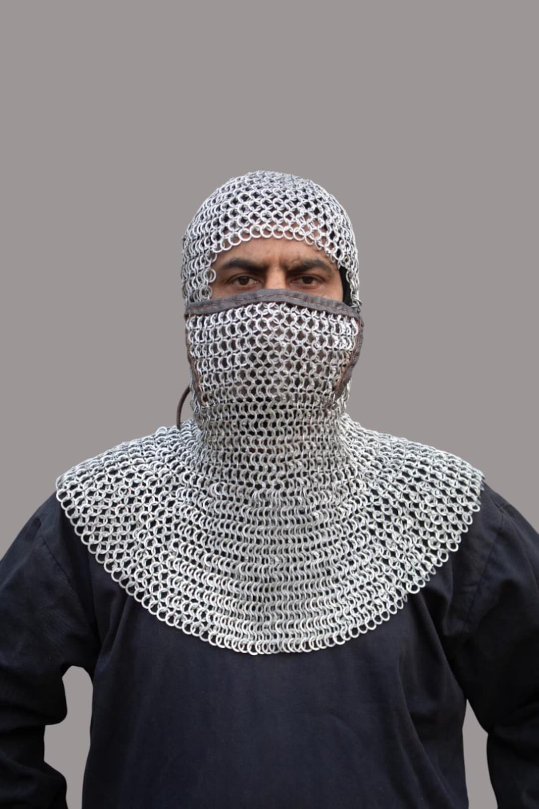 Chainmail Hood /coif With Mask Leather Attached 10MM Dome Riveted Flat ...