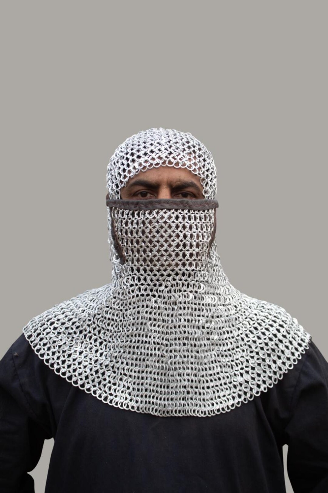Chainmail Hood / Coif With Mask Leather Attached 10MM Dome Riveted Flat ...