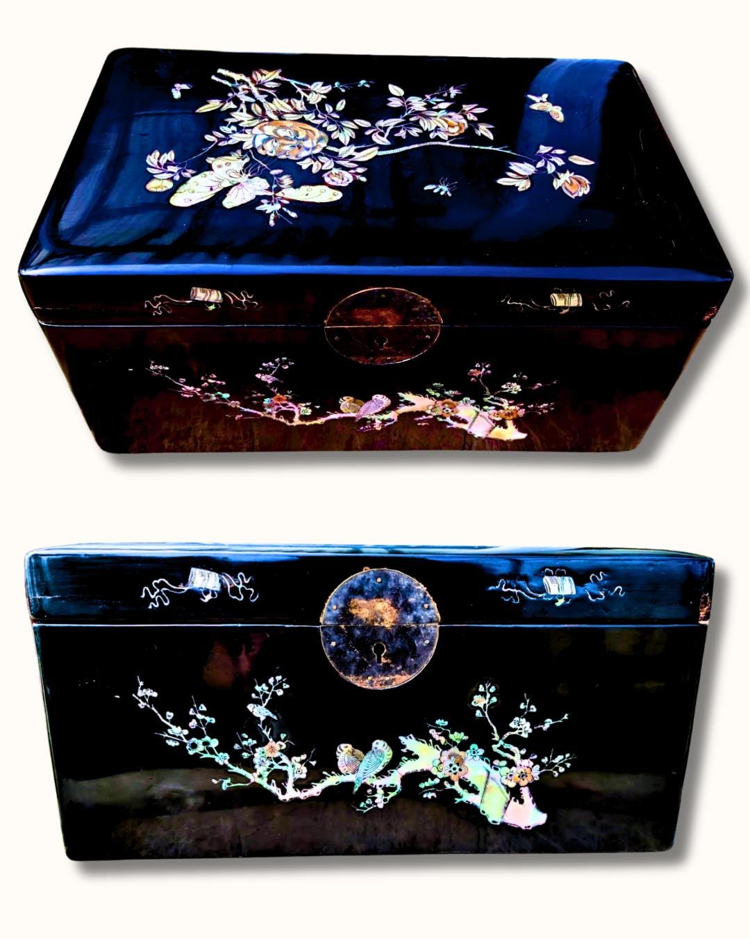 Vintage Chinese Black Laquer Jewelry Box With Mother of Pearl Inlay and ...