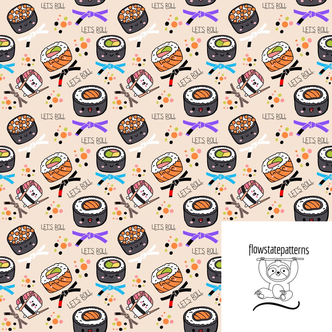 Let’s Roll Sushi Jiu Jitsu Belts Seamless Pattern, Brazilian Jiu Jitsu ...