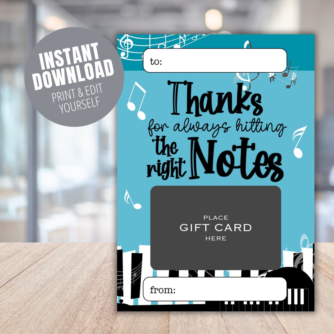 Music Teacher Thank You Card Gift Card Holder Printable Music Teacher ...