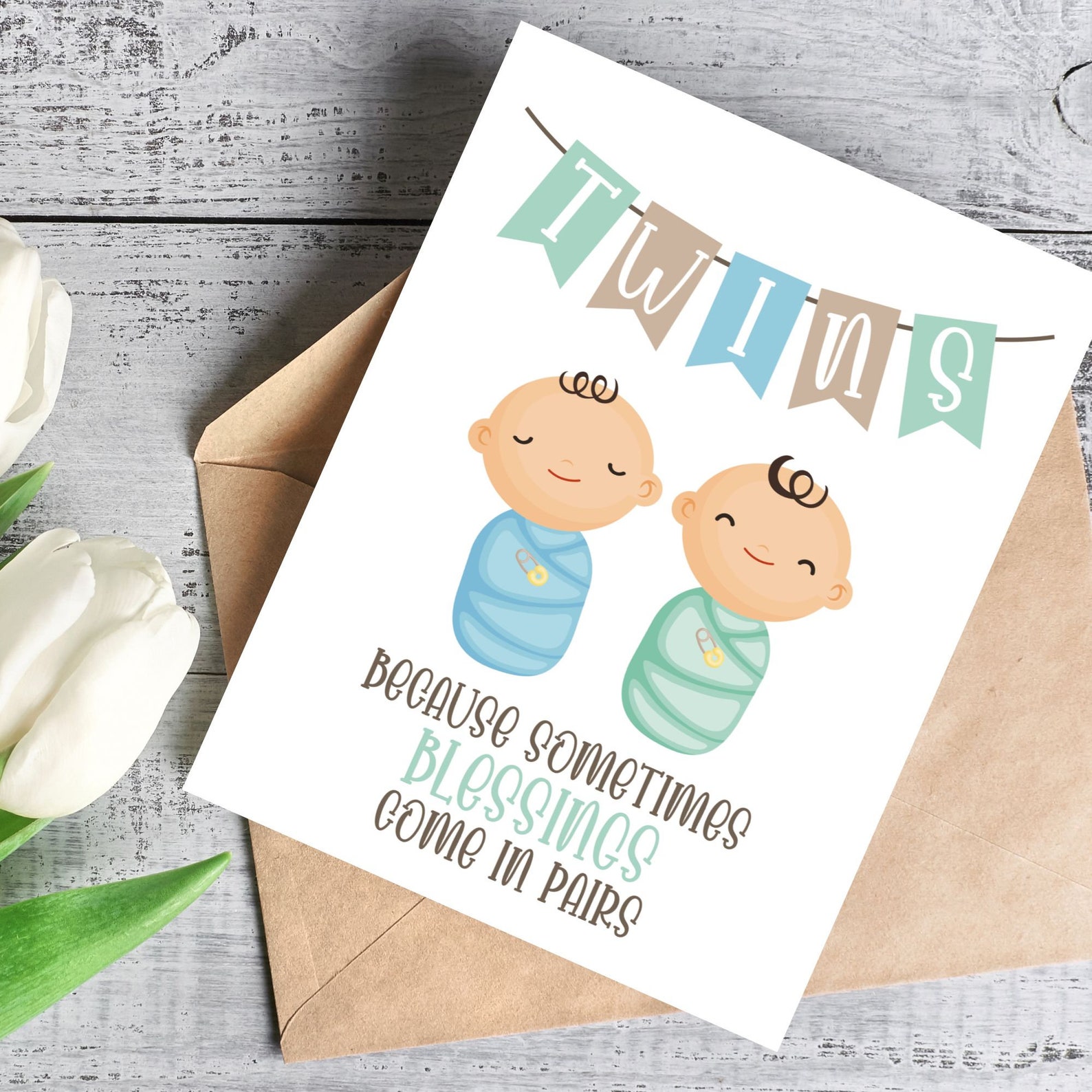 Twins Baby Card, Twins Card for Twins Boy & Girl Twins, Blessings Come ...
