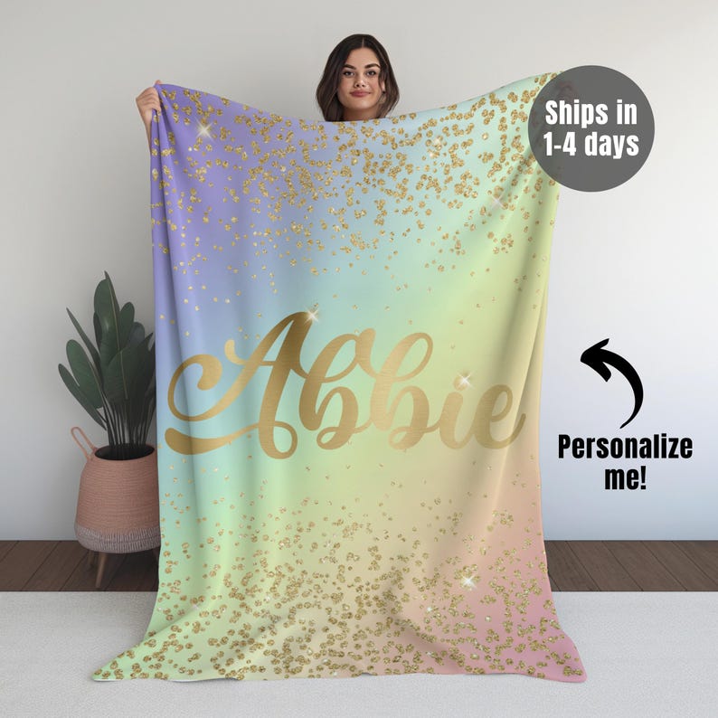 Sparkling Gold Glitter Personalized Name Blanket | Custom Blanket Gift ...