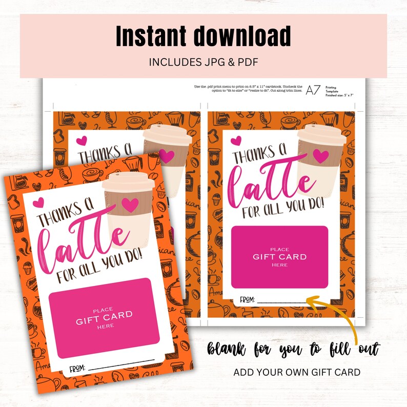 Printable Coffee Donut Gift Card Holder Thanks a Latte Teacher ...