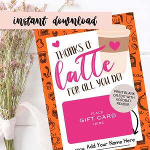 Printable Coffee Donut Gift Card Holder Thanks a Latte Teacher ...