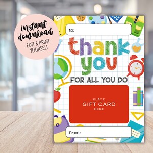 Teacher Appreciation Gift Card Holder, Instant Download, Thanks for All ...