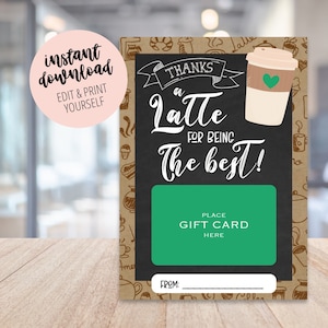 Printable Coffee Gift Card Holder, Thanks a Latte Instant Download ...
